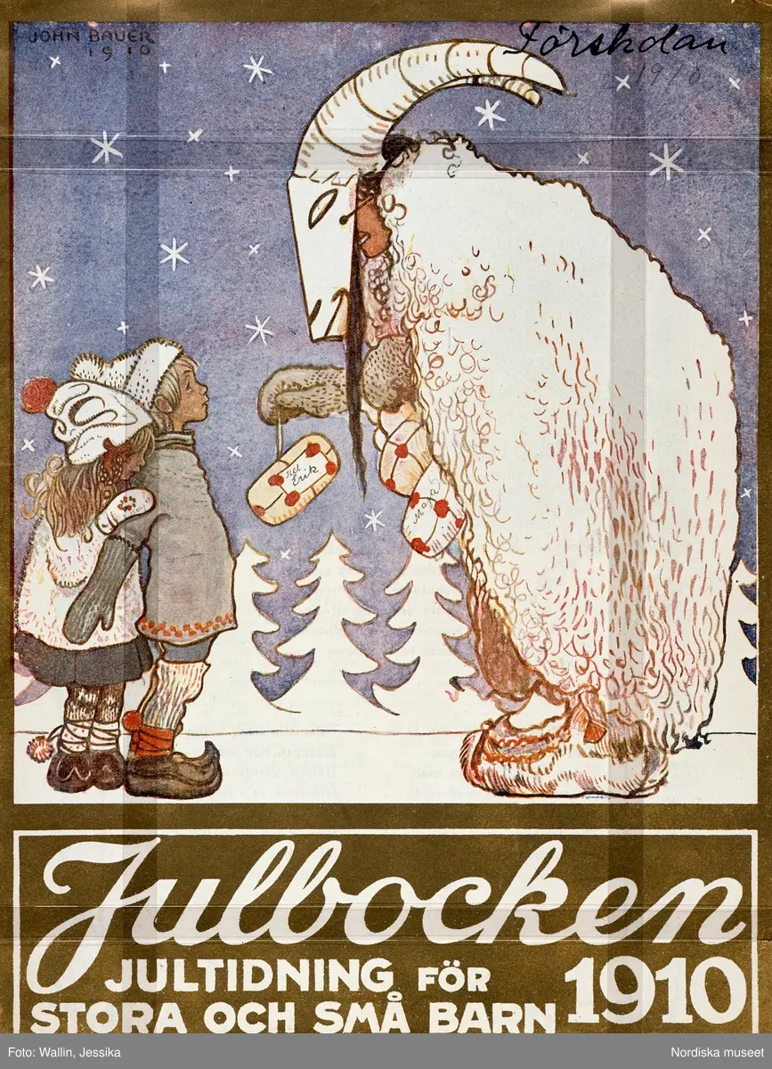 Den julklappsutdelande julbocken i konstnären John Bauers version. Ur ...