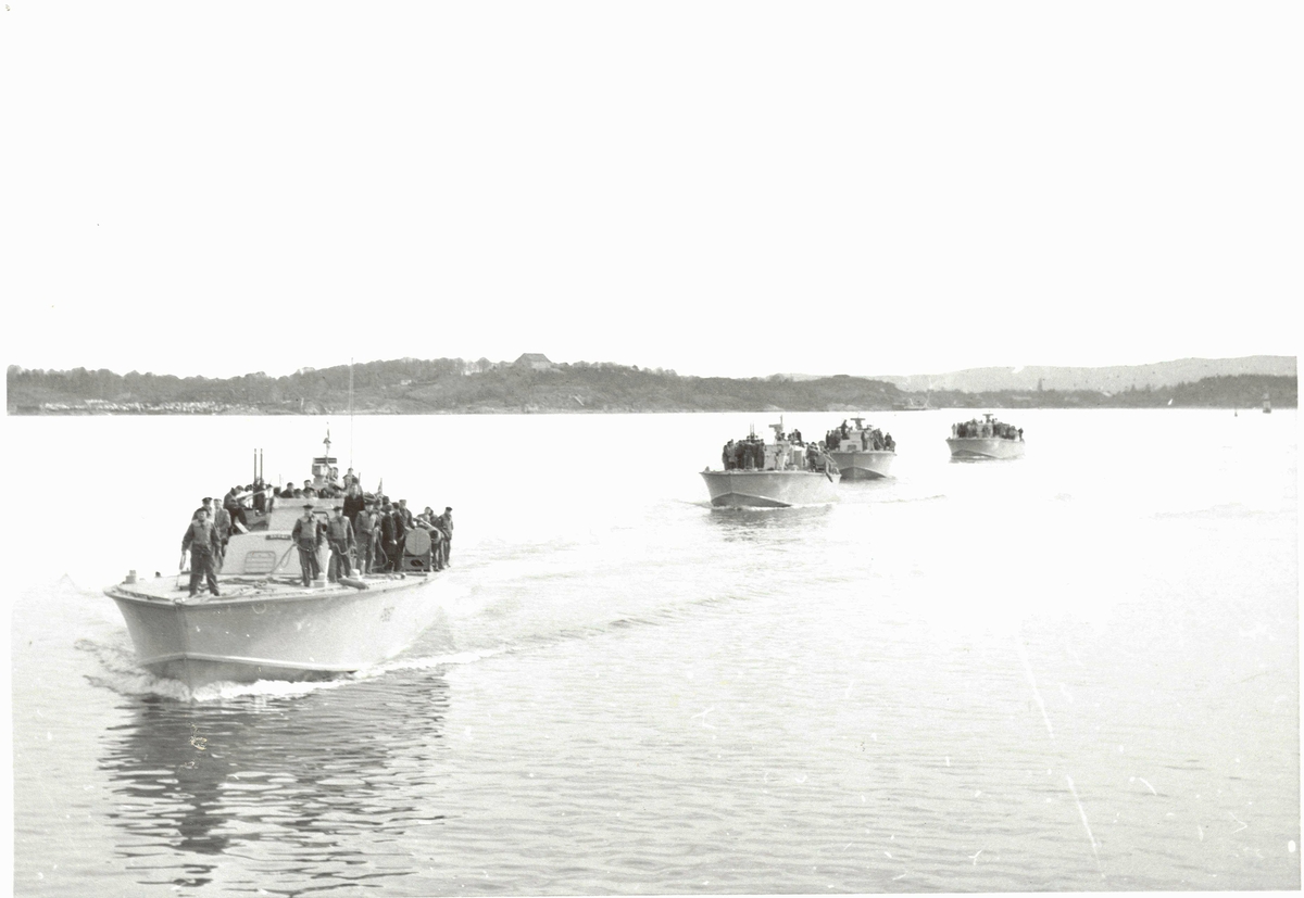 Motiv: 4 Elco-klasse MTB'er i formasjon. Fartøyene seiler inn på Oslo ...