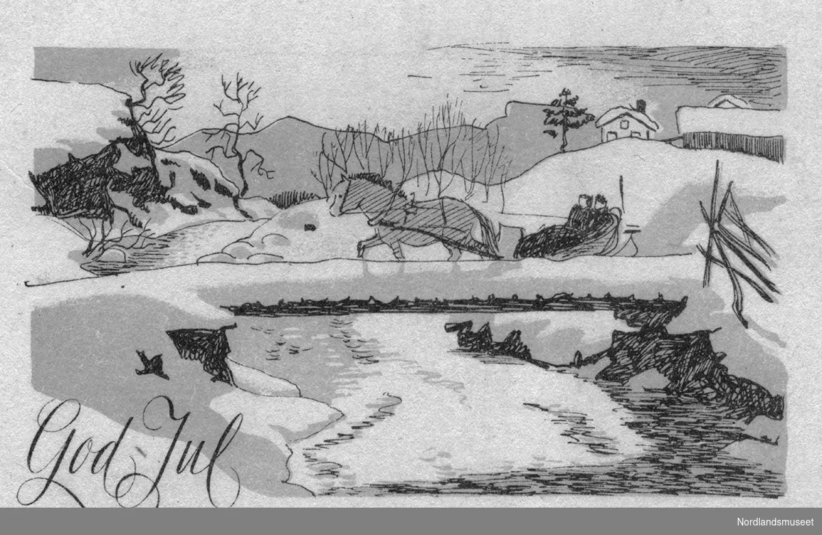 Tegning av hest og slede med 2 personer, kjørende over en bru ...