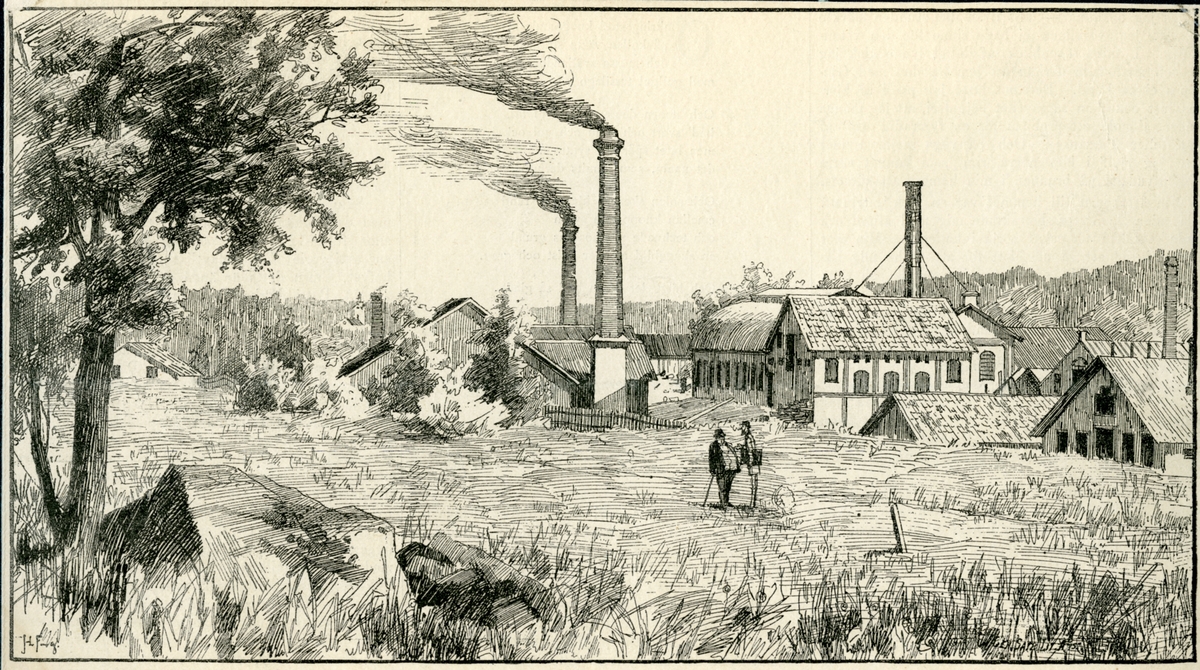 Fagersta stad, Fagersta kn. Teckning föreställande Fagersta bruk. 1885 ...