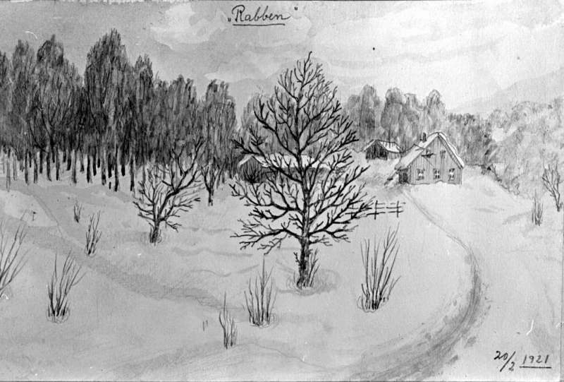 Gård i skogen, tegning - Midt-Troms Museum / DigitaltMuseum