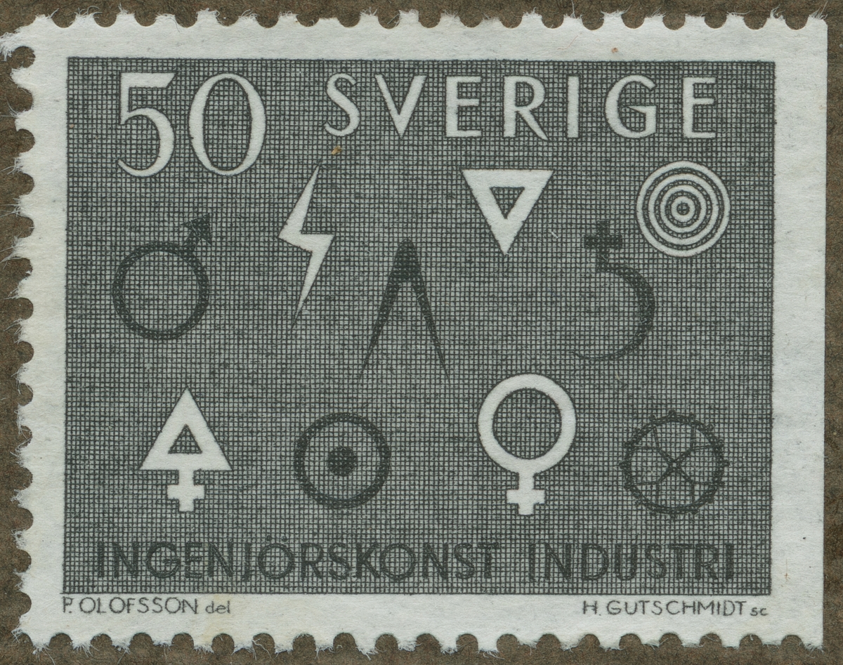 Frimärke med motiv av passare och andra symboler. - Tekniska museet ...