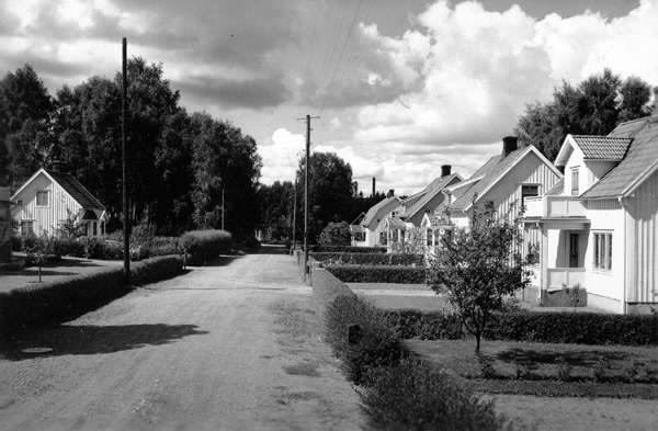 Vykort, "Holländaregatan, Hyltebruk." Bostadshus i trä med trädgårdar ...