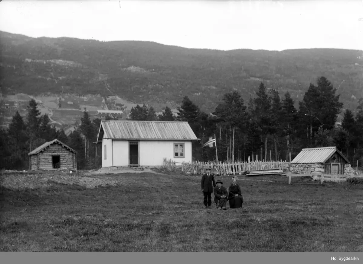 Gardstun, våningshus, uthus, steinbu, flagg, personar - Hol Bygdearkiv ...