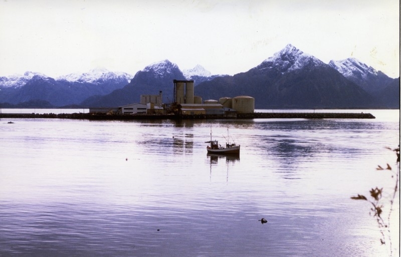 Neptun Sildoljefabrikk sett fra land. Mot sør. Det ligger en sjark på ...
