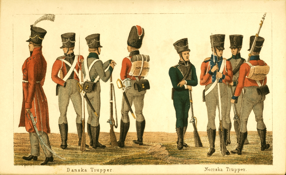 Danska trupper. Norska trupper. Uniformsteckning av Carl Johan Ljunggren tryckt i boken ...