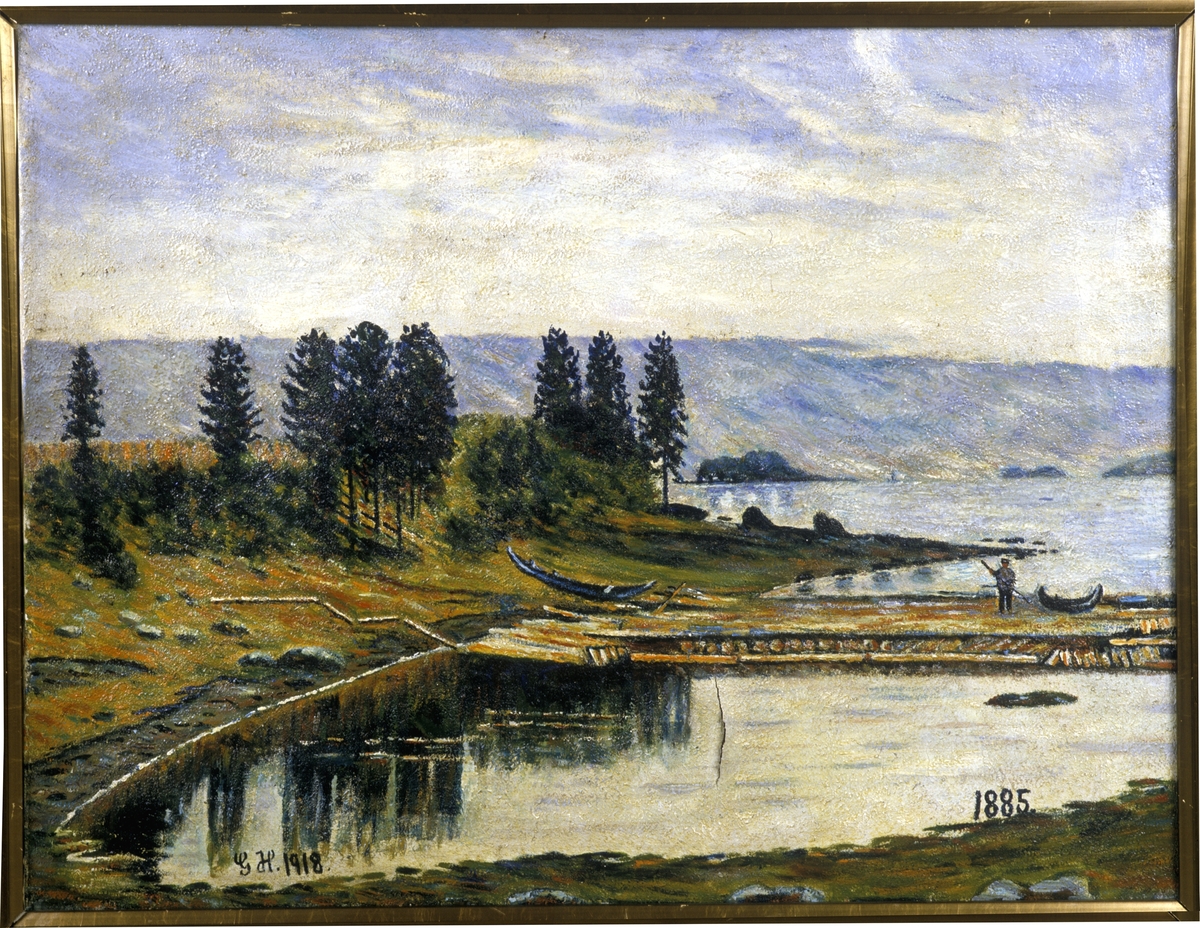Hamar, maleri av Gina Harboe, motiv fra Åkersvika, 1918, tømmerfløting ...