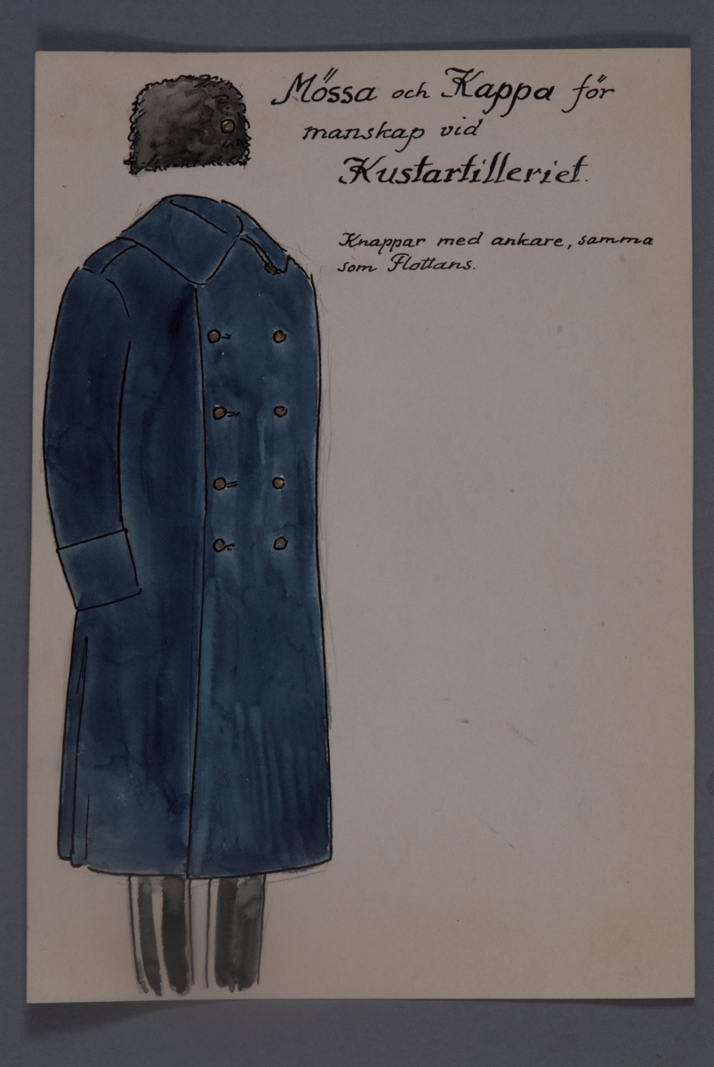 Uniformsteckning i original av Einar von Strokirch, mössa och kappa för manskap vid ...
