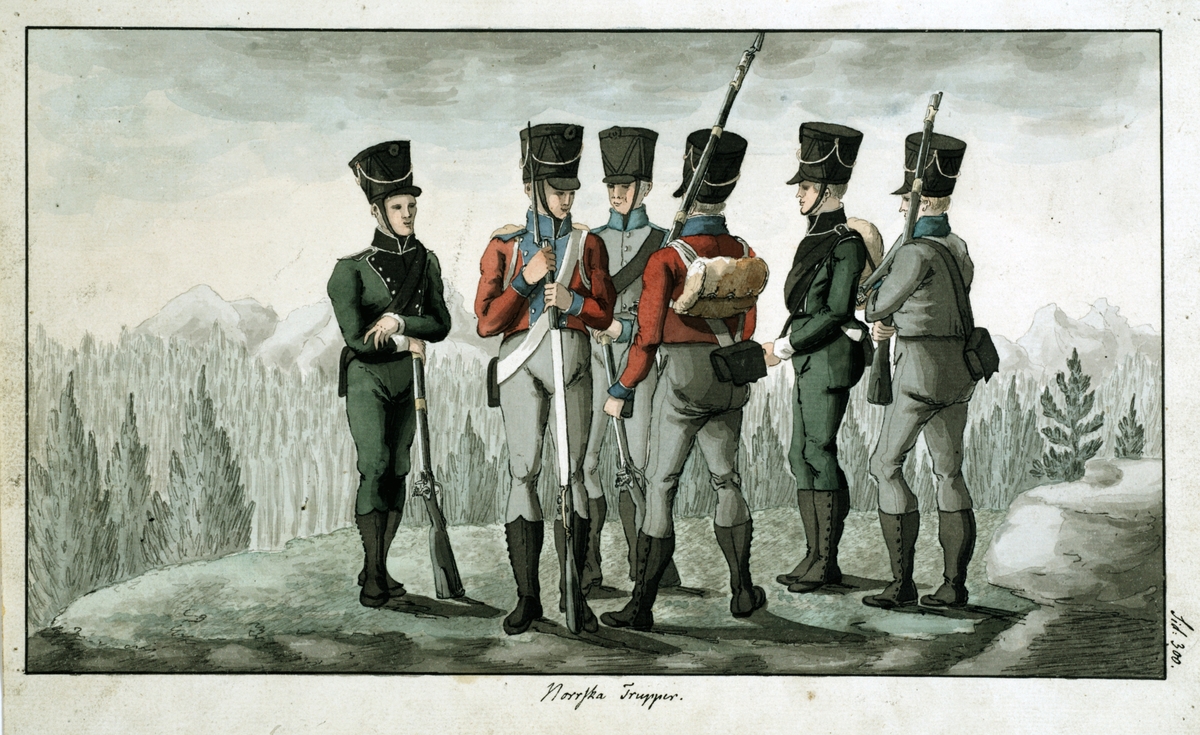 Norska trupper. Originalteckning i färg av Carl Johan Ljunggren. - Armémuseum / DigitaltMuseum