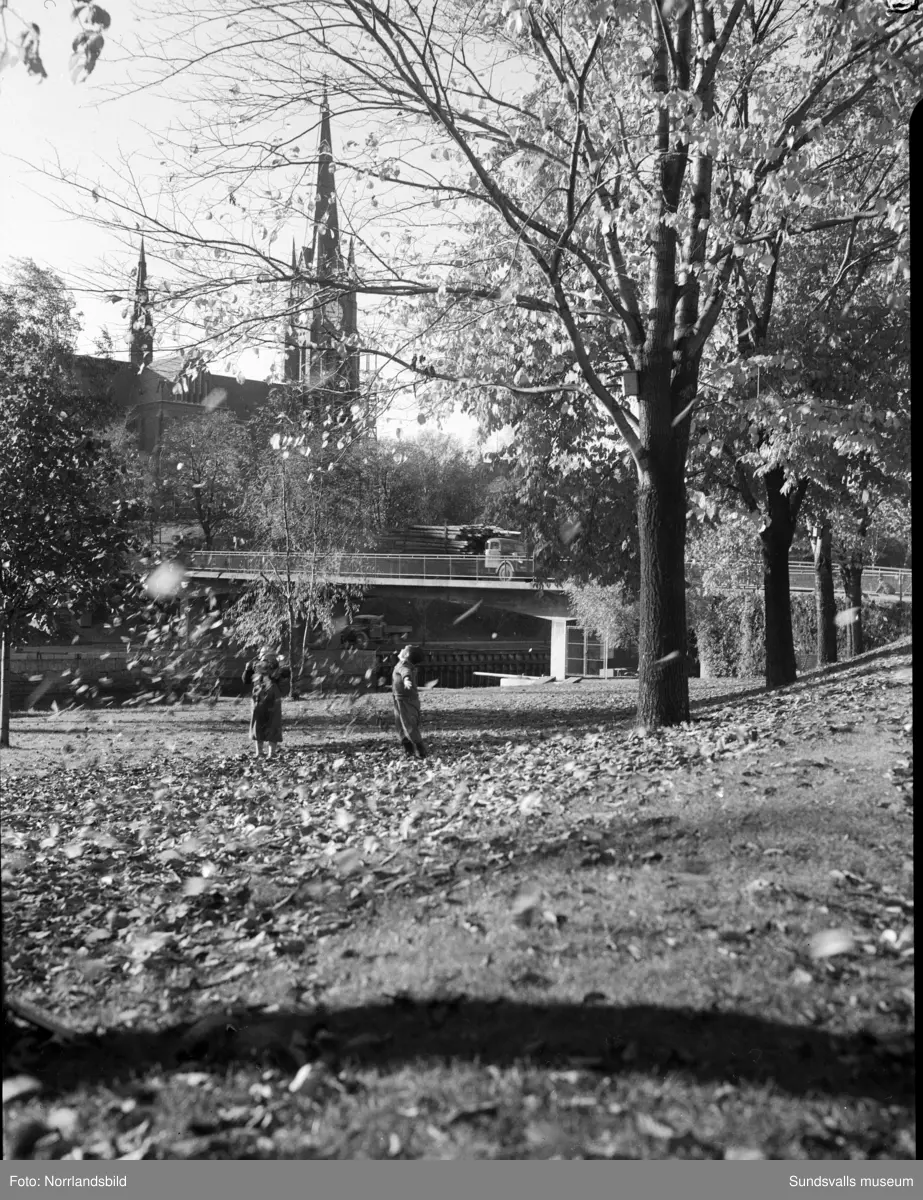 Höstbild tagen från Skepparegatan på Norrmalm mot kyrkan. Två barn ...