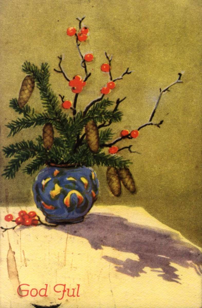 Julekort. Jule- og nyttårshilsen. Interiør. Juledekorasjon i en vase på ...