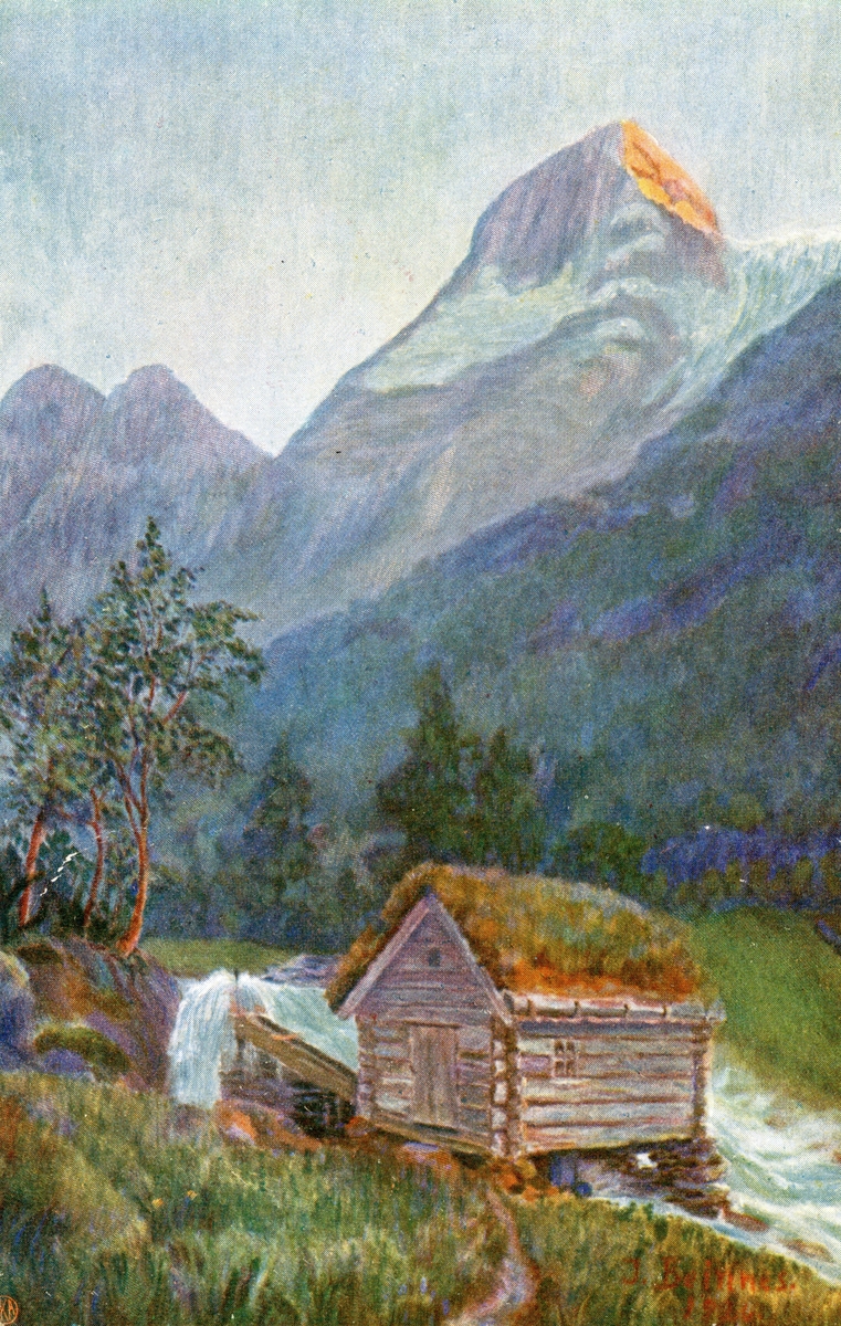 Motiv/ maleri av landskap i Olden med fjellet Seseljekruna. Malt av I ...