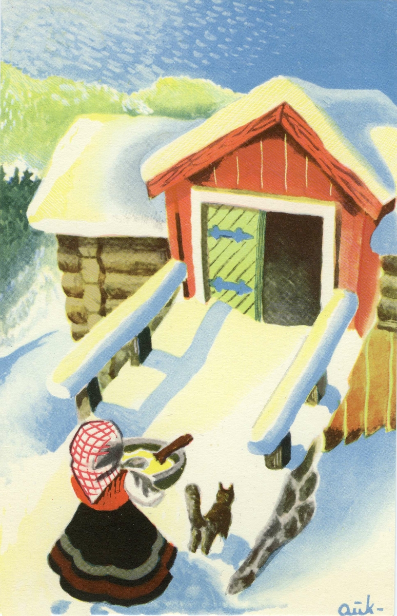 Julekort. Ubrukt. Tegning. Vintermotiv. Ei kvinne er på vei opp ...