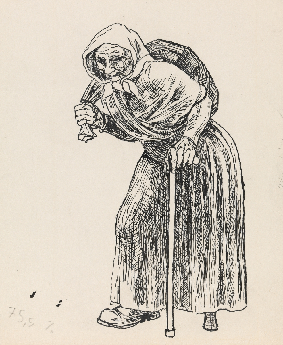 Gammel kone med stokk [Tegning] - Nasjonalmuseet, billedkunstsamlingene ...